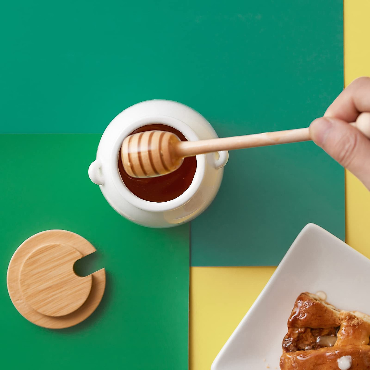 LIFVER Honey Jar with Wooden Dipper and Lid, Cute Ceramic Honey Bee Pot for Storage, Honey Pot with Handle for Sugar, Jam and Salsa, Birthday Housewarming Christmas Gift - 12 Ounce, White