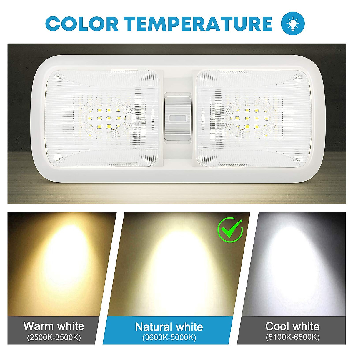 Kohree Upgrade 1000 Lumen Led RV Ceiling Double Dome Light Fixture, 5 Pack 12V Camper Interior Lighting with ON/Off Switch for Trailer RV Car Boat, Clear Cover (Natural White 4000-4500K, 60 X 5050SMD)