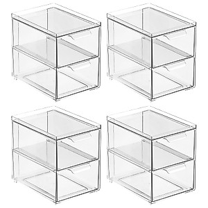 mDesign Stackable Storage Containers Box with 2 Pull-Out Drawers - Stacking Plastic Drawer Bins for Master or Guest Bathroom, Linen Closet, Vanity, Makeup Table Lumiere Collection 4 Pack, Clear