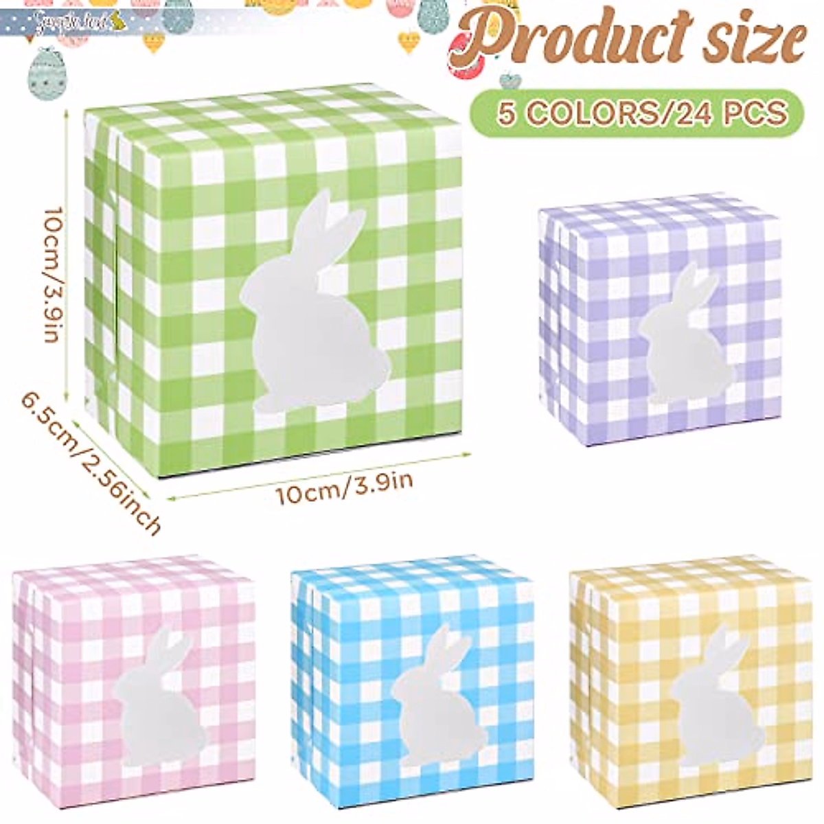24 Pcs Easter Treat Boxes 5 Candy Colors Cardboard Box with Rabbit Bunny Shape Window Colorful Paper Easter Candy Box Easter Containers Cardboard Easter Cookie Basket Spring Easter Gift Boxes (Plaid)