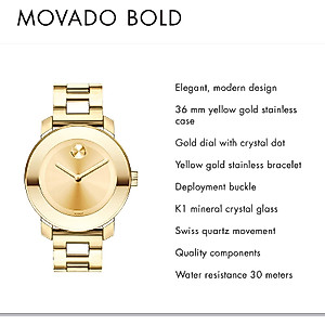 Movado Women's BOLD Iconic Metal Yellow Gold Watch with a Flat Dot Sunray Dial, Gold (Model 3600085)