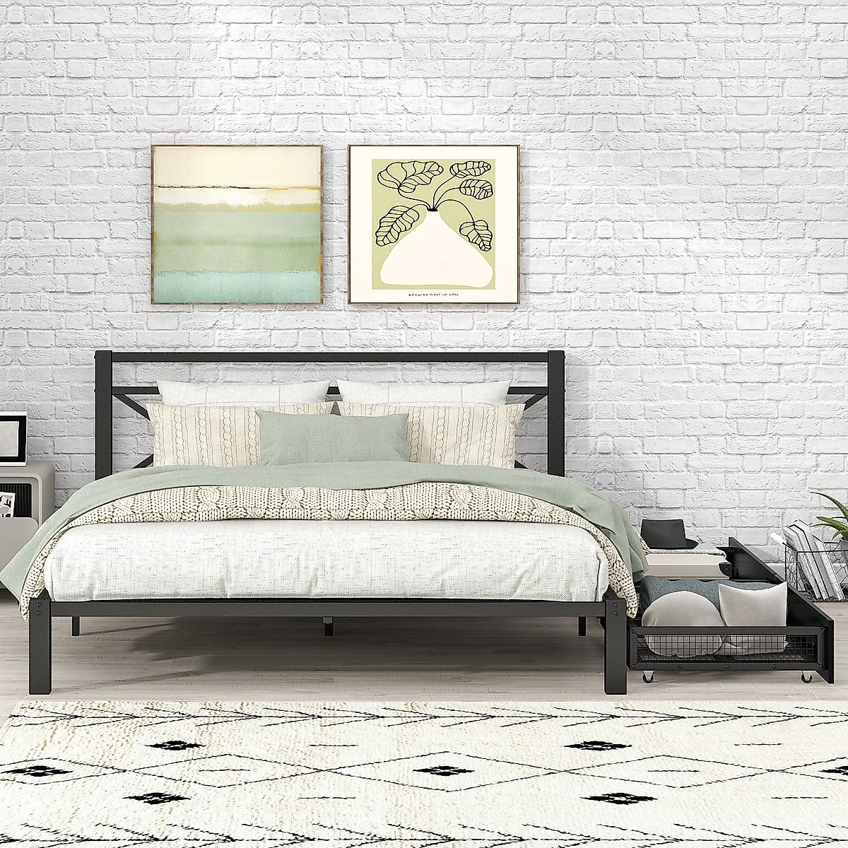 Queen Size Platform Bed Frame, Metal Bed Frame with 2 Storage Drawers Queen Bed Frame with Headboard More Sturdy, Noise-Free, No Box Spring Needed, Easy Assembly, Black