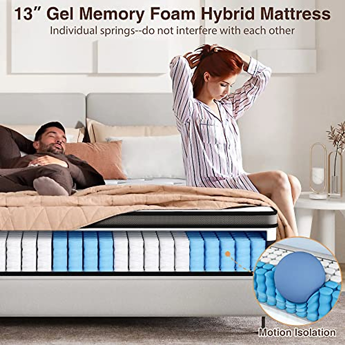 Famistar 13'' King Size Memory Foam Mattress Hybrid Innerspring Mattress in a Box, Silent Independent Pocket Spring System, Super Elasticity for Pressure Relief & Sleep Supportive