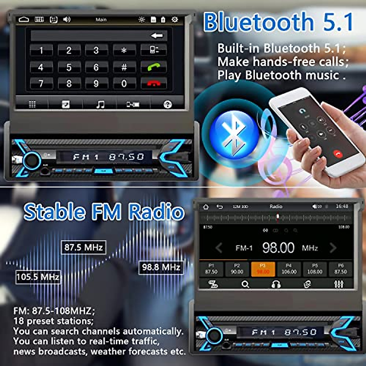 Single Din Car Stereo Compatible with Apple Carplay & Android Auto, 7 Inch Flip Out Touchscreen Car Radio Foldable Car Audio Receivers with Bluetooth/Mirror Link/Camera/FM/SWC/USB/AUX/TF/Subwoofer