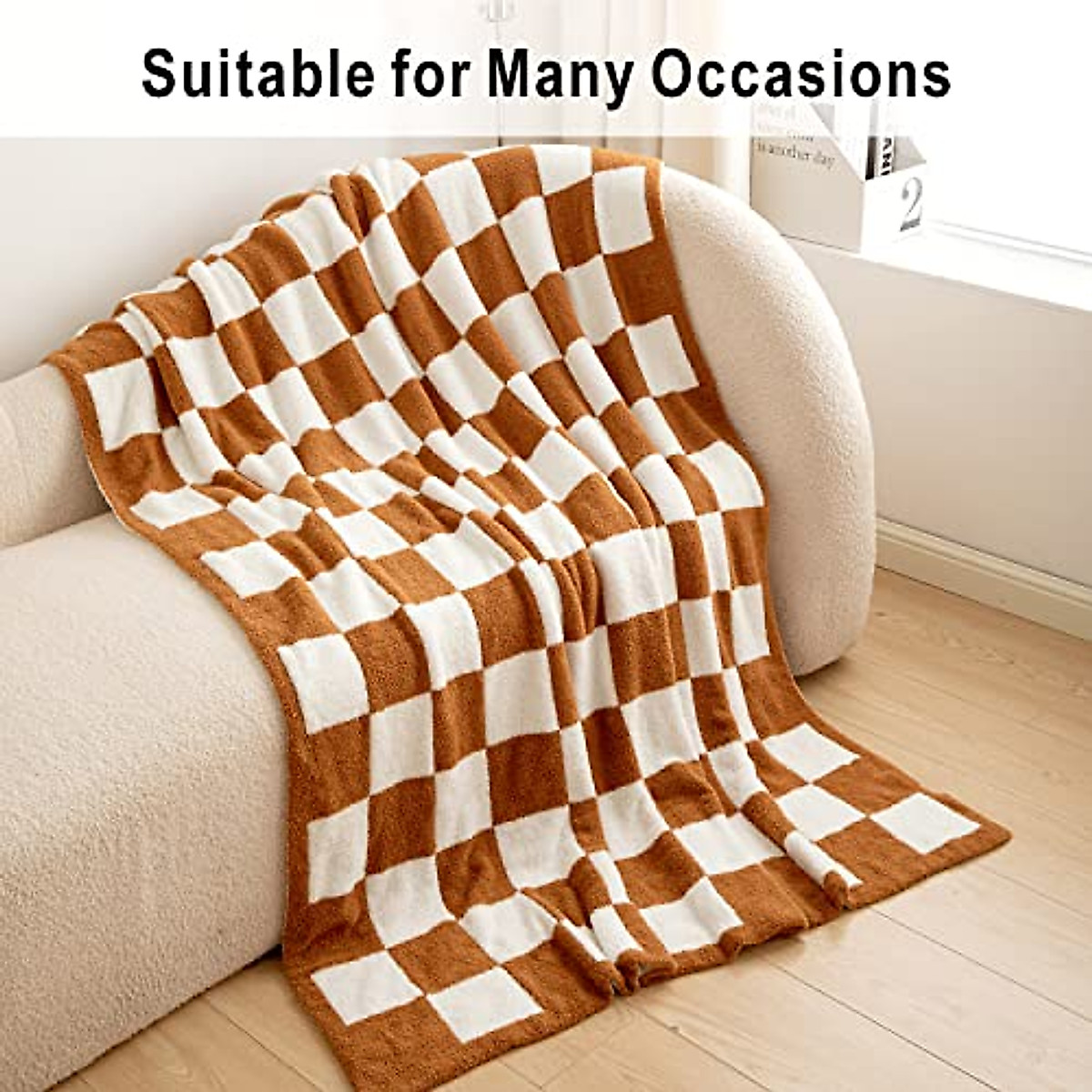 Throw Blanket with Checkerboard Plaid- Cozy Breathable All Seasons Soft Checkered Blanket Gingham Home Decor for Couch and Bed -Throw Size 51"x63",Light Tan