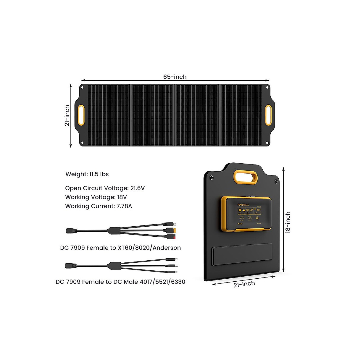 Powerness 120 Watt 18V Portable Solar Panel with 16.4 Feet/5 Meters DC Extension Cable
