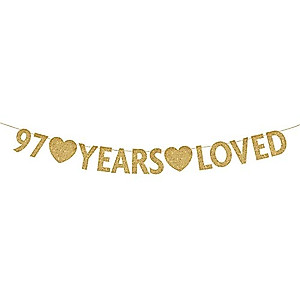 Gold 97 Year Loved Banner, Gold Glitter Happy 97th Birthday Party Decorations, Supplies