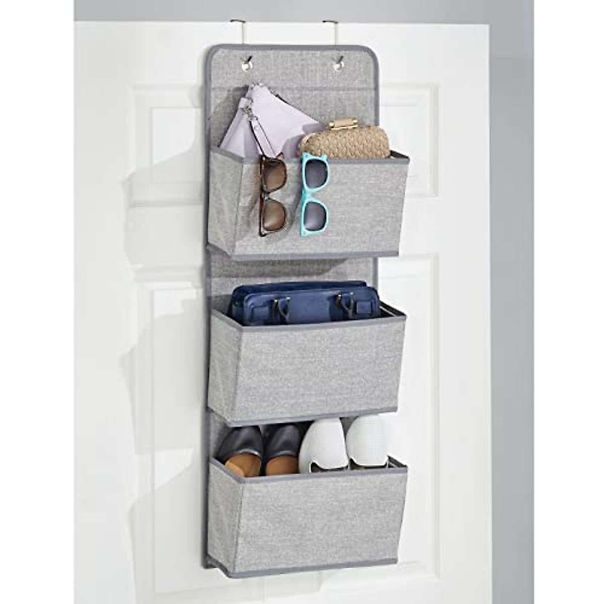mDesign Fabric Hanging Organizers for Over the Door Storage In Bedroom/Hallway Closets, 3 Pocket Organizer Caddy, Hooks for Linens, Clothing, Accessories, Lido Collection, Textured Print, 2 Pack, Gray