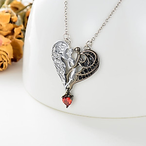 Seiyang Angel & Devil Necklace, 925 Sterling Silver Angel Demon Hugs Asymmetrical Necklace Inlaid with Red Heart Crystal on Anniversary, Holiday, Birthday Gifts for Girlfriend Women