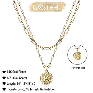 Ursteel Gold Necklace for Women, 14K Gold Plated Dainty Layering Paperclip Chain Necklace Letter K Initial Coin Pendant Necklaces Layered Gold Necklaces for Women Jewelry Gifts Gold Jewelry for Women
