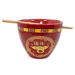 Boom Trendz Year Of The Pig Chinese Zodiac Ceramic Dinnerware Set Includes 16-Ounce Ramen Noodle Bowl Wooden Chopsticks Asian Food Dish Set Home & Kitchen Kawaii Lunar New Year Gifts, Red, One Size