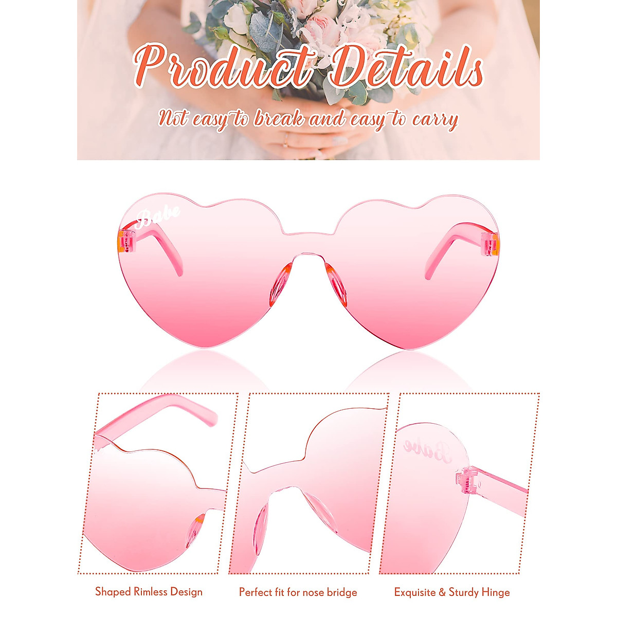 Konohan 12 Pairs Heart Shaped Sunglasses Rimless Bride Sunglasses Transparent Heart Glasses Bachelorette Holiday Party Favor (White, Hot Pink)