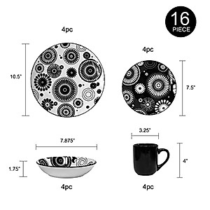 16 Pieces Dinnerware Set, Stoneware, plates and bowls sets, Service for 4, Porcelain, Decorated Mod Dot Black, Microwave Dishwasher Safe, Chip Resistant, for everyday casual kitchen and formal dinner