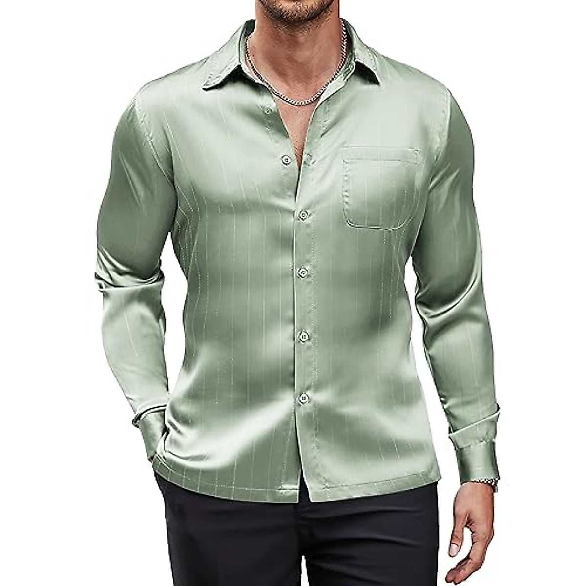 COOFANDY Button Down Shirts for Men Satin Silk Luxury Long Sleeve Shirt Party Wedding Prom (Light Green, Large)