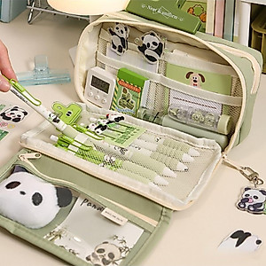 Ecqizer 10Pcs Cute Panda Pencil Case Large Capacity for Adults Aesthetic Pencil Case Kawaii Pencil Pouch Cute With Zipper Preppy Pen Bag With Gel Ink Pens, Clips, Stickers, Pin (Green)