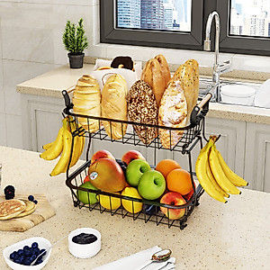 2 Tier Fruit Basket with 2 Banana Hangers, Countertop Fruit Vegetable Basket Bowl for Kitchen Counter Metal Wire Storage Basket Fruits Stand Holder Organizer for Bread Snack Veggies Produce, Black