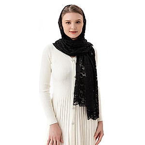 PAMOR Women Rectangular Chapel Veil Scarf Catholic Church Veils Mantilla Wrap Shawl Mass Head Covering (Black)