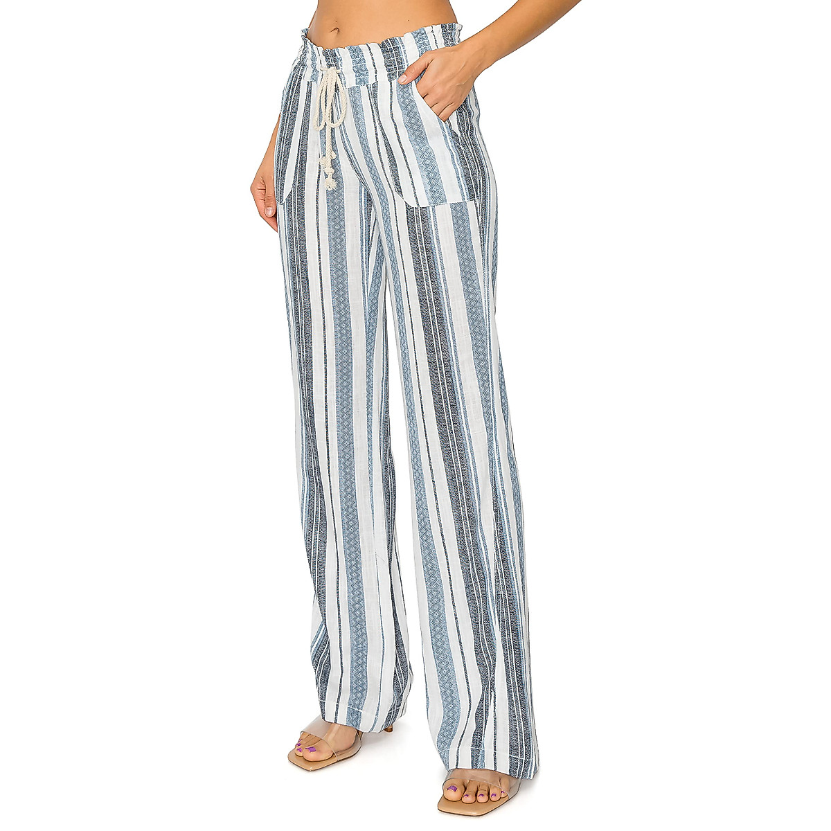 Cali1850 Women's Casual Linen Pants 32" Inseam Oceanside Drawstring Smocked Waist Lounge Beach Pants with Pockets Navy Ivory Large