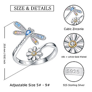EJALEN 925-Sterling-Silver Dragonfly Daisy Rings for Women - Adjustable Wrap Flower Ring Cubic Zirconia Cute Animal Insect Jewelry Gifts for Women (Dragonfly)