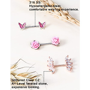 Msndnkwo Nipple Rings for Women Nipple Piercing Jewelry 14G Surgical steel Cubic zircon 14mm Silver/Pink/Purple/Rose Gold 8 Pairs Barbell Body Piercing Jewelry