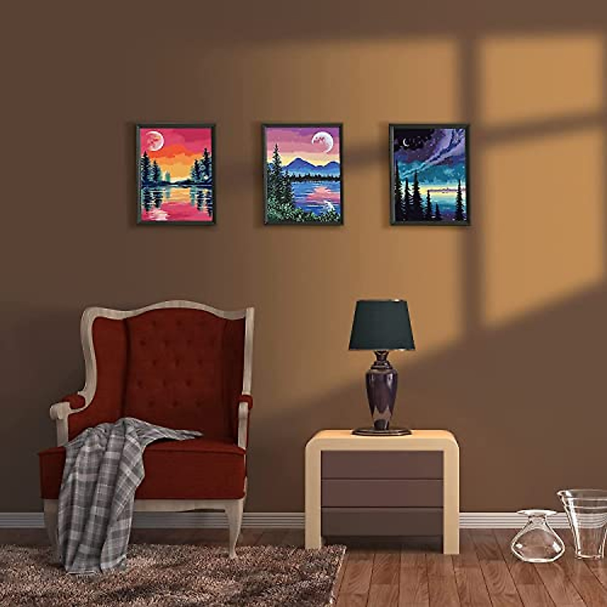 Magicfly 3 Pack Paint by Number for Adults Beginner, Moon Lake Landscape DIY Painting by Number Kit, Easy Acrylic Paint by Numbers on Canvas, 9x12 Inch, Include 10 Multi-Sized Brushes