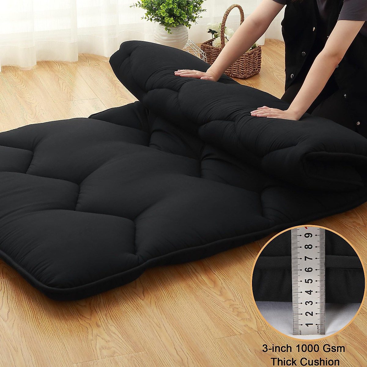 LULUWAY Japanese Futon Mattress, Full Size Foldable Japanese Style Floor Mattress Roll Up, Tatami Mat, Camping Mattress Pad, Black