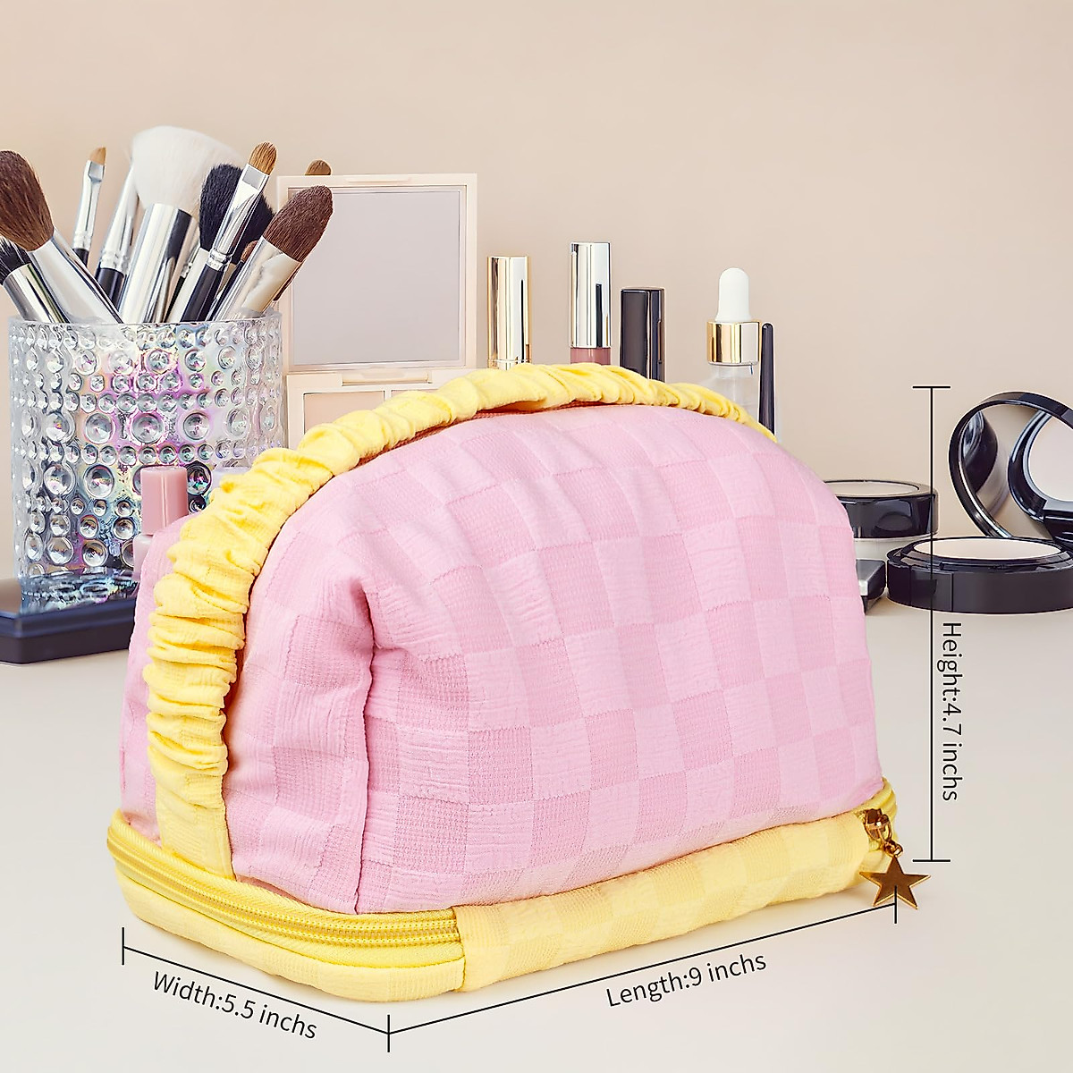 POWERWOO Travel Makeup Bag for Women, Double Layer Cosmetic Bag Organizer Brush bag with upgrade Zipper, Aesthetic Design Ladies Bag, Pink Toiletry Bag as Wedding and Happy New year gift bags