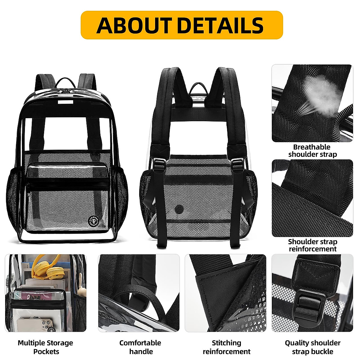 FARMARK Clear Backpack Heavy Duty, Transparent Backpack with Sturdy Strap for School/Travel/Work