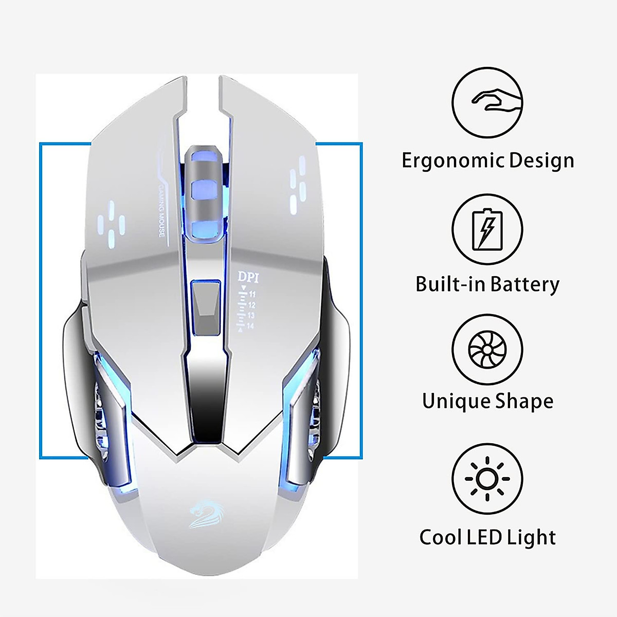 Uciefy Q85 Rechargeable Wireless Gaming Mouse, 2.4G LED Optical Silent Wireless Computer Mouse with 4 LED Light, 3 Adjustable DPI, Ergonomic Design, Auto Sleeping (Silver)