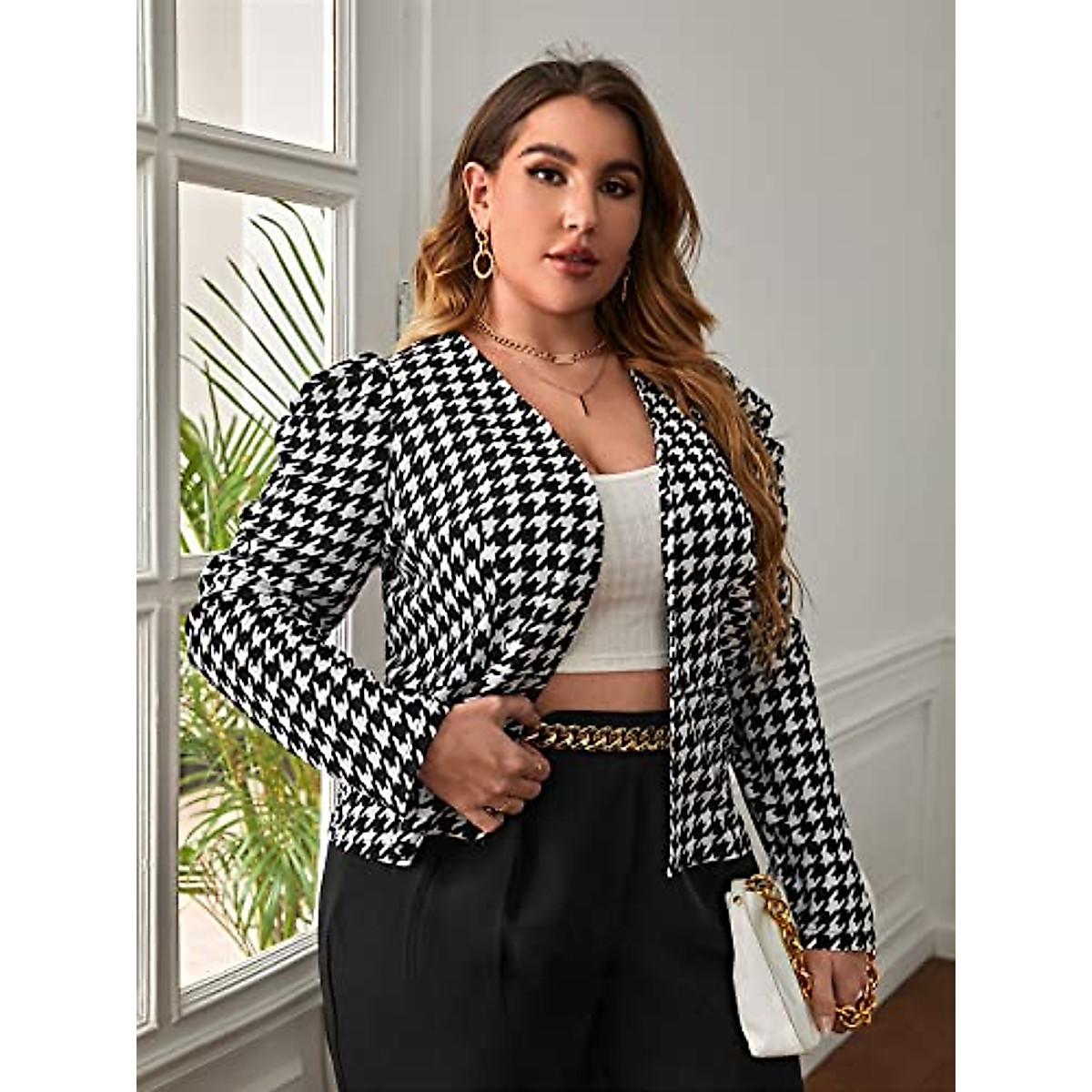 WDIRARA Women's Plus Size Houndstooth Print Long Puff Sleeve Open Front Jacket Blazer Black and White 3XL