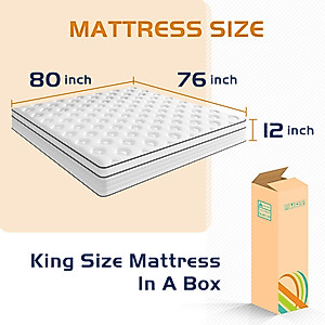 Hohamn King Mattress,12 Inch Hybrid Mattresses with Individual Pocket Springs & CertiPUR-US High Density Foam Mattresses in a Box High Permeability Skin-friendly,Medium Firm King Size Mattress