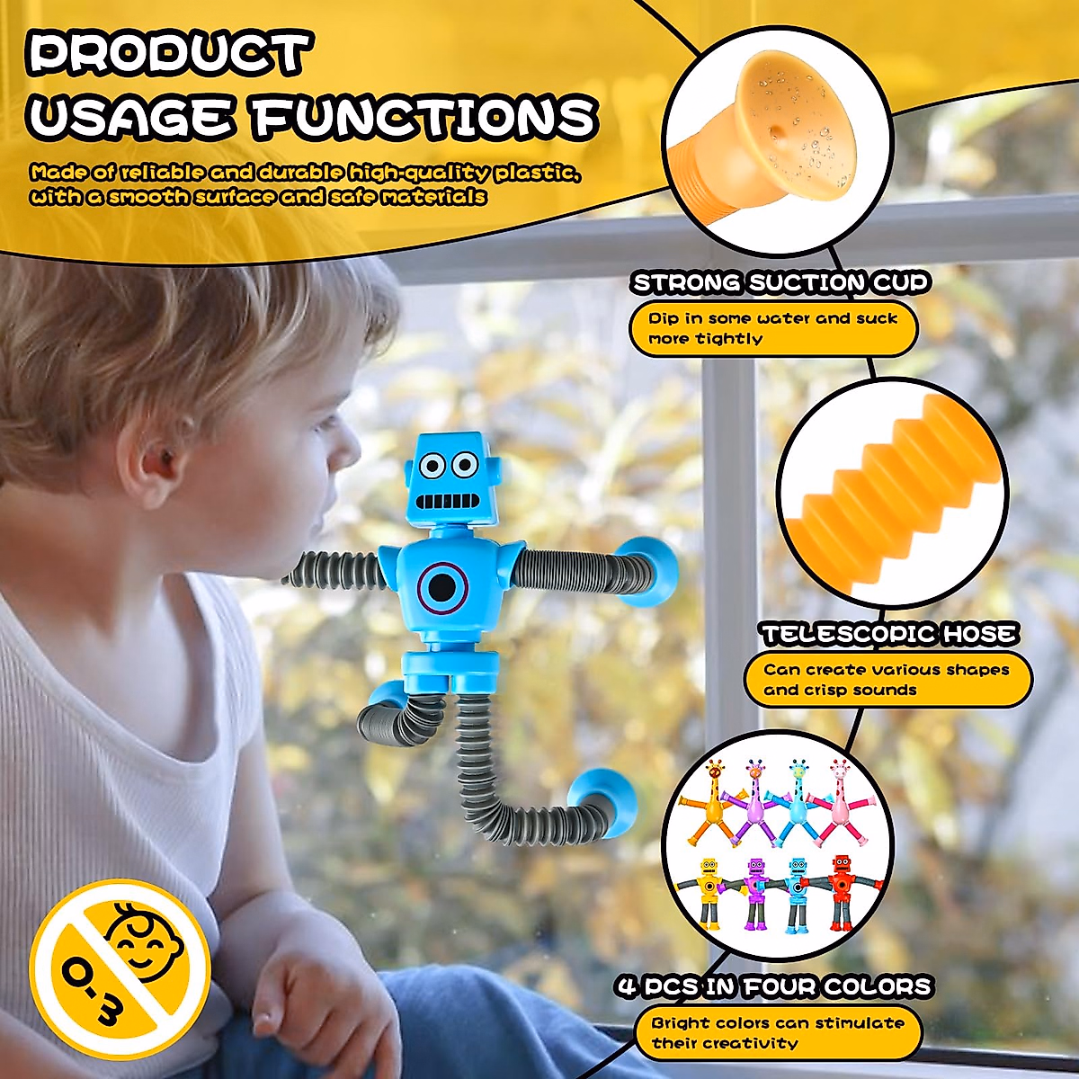 Easter Basket Stuffer Gift Robot Sensory Travel Toys 4Pcs for Toddlers Kid Boy Year Old Ages 3 4 5 6 7 8 9, Airplane Activities Suction Autism Pop Tube Fidget Toys Autistic Stocking Valentine for Kids