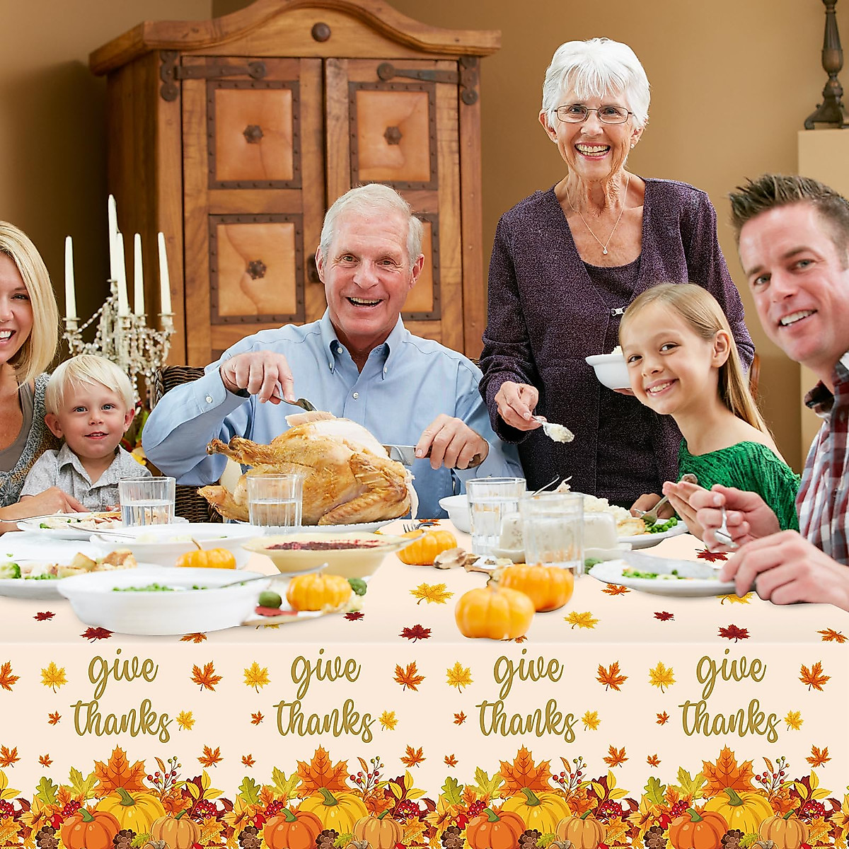 3 Pcs Thanksgiving Tablecloth - Give Thanks Plastic Table Cloth Disposable Rectangular Fall Pumpkin Maple Leaves Table Cover for Thanksgiving Day Party Decorations Table Decor Supplies,108 x 54 Inch