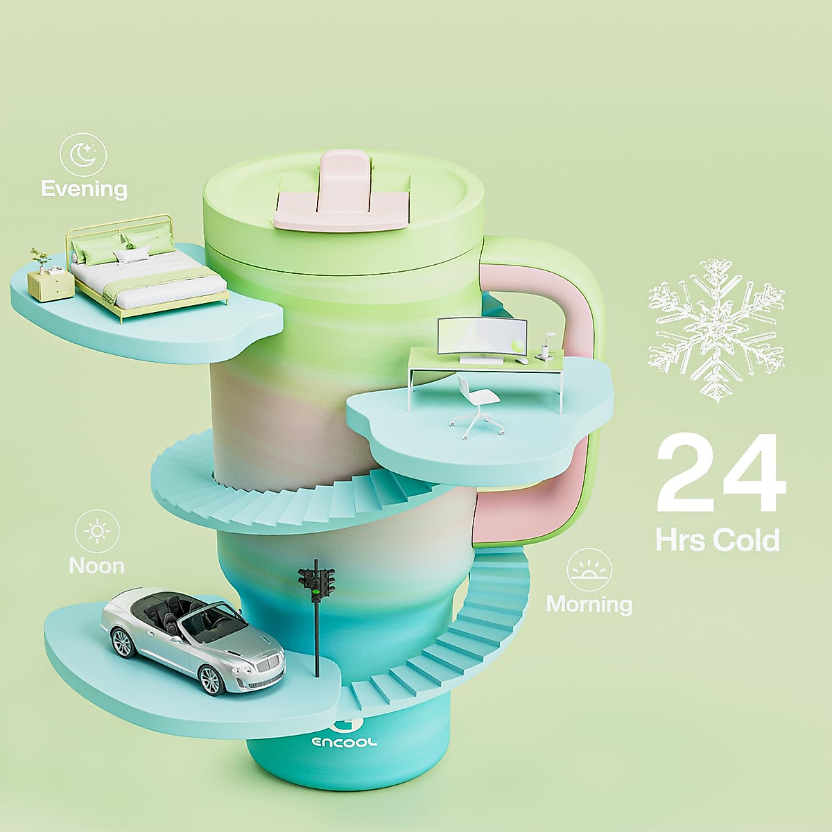 ENCOOL 32 oz Tumbler with Handle and Flip Straw, 100% Resistant Tumbler with Lid and Straw, Insulated Stainless Steel Travel Coffee Mug, Keeps Cold for 24 Hours, Cup Holder Friendly (Fairy)