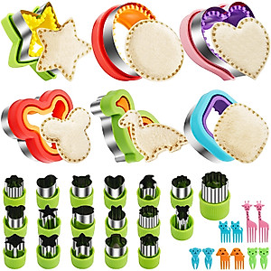 TAOUNOA Sandwich Cutter Set 34pcs, 6pcs Sandwich Cutter and Sealer and 18pcs Fruit Cutters Shapes for kids with 10pcs Cute Animal Forks