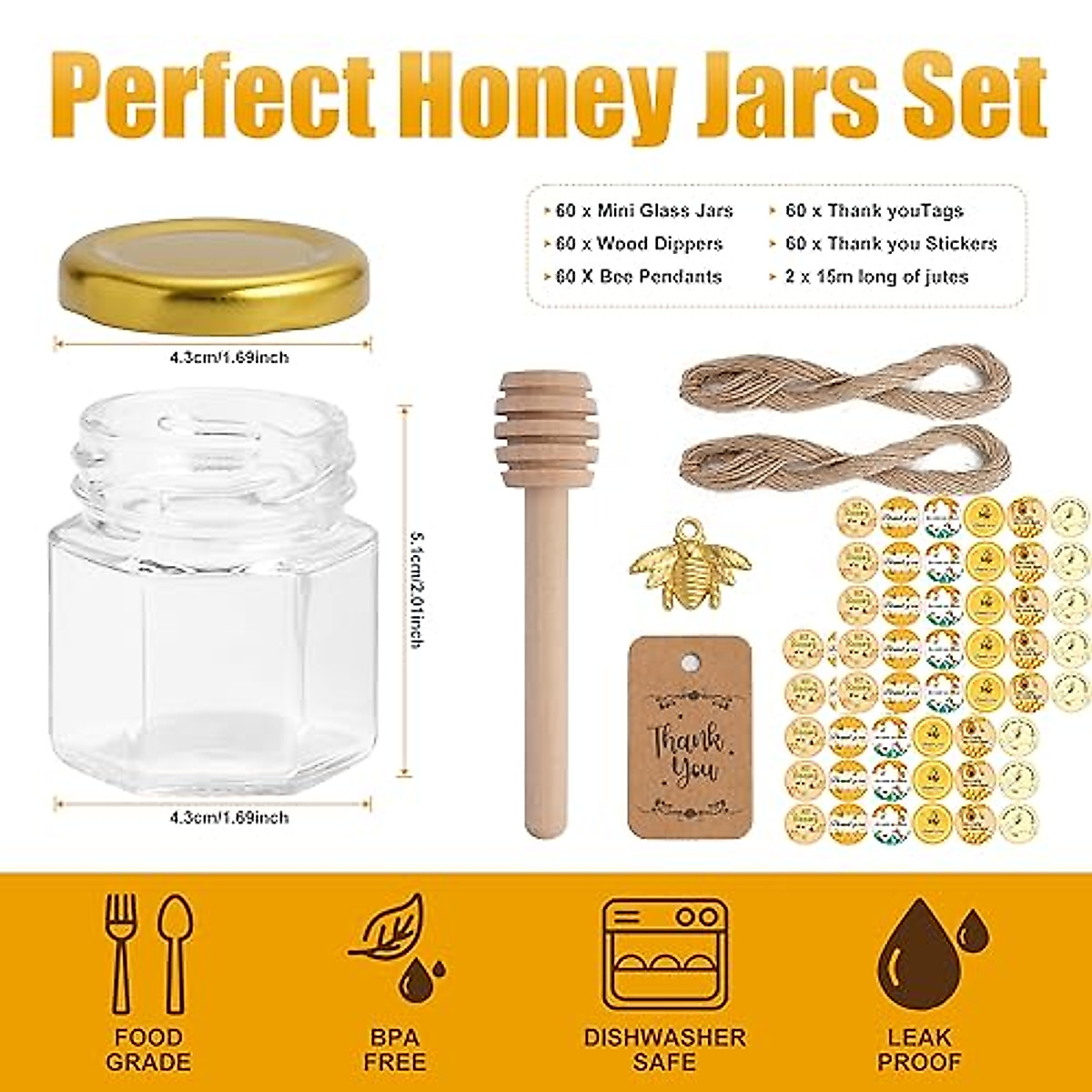60 Pack Mini Honey Jars 1.5 Oz Glass Honey Jars with Wooden Dippers,Bee Charms,Thank You Cards,Jutes And Stickers, Hexagon Small Honey Jars with Dipper Party Favors in Bulk For Baby Shower Favors Wedd