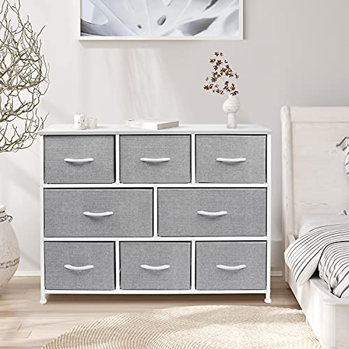 Sorbus Dresser with 8 Drawers - Furniture Storage Chest for Kids Clothing Organization, Bedroom, Hallway, Closet, Office - Steel Iron Frame, Rustic Farmhouse Wood Top, Fabric Bins (White)