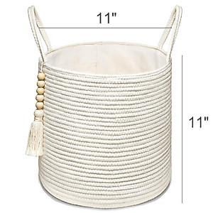 Mkono Woven Storage Basket with Handles Decorative Cotton Rope Basket Wooden Bead Decoration for Blankets,Toys,Clothes,Living Room Home Decor, 11", White