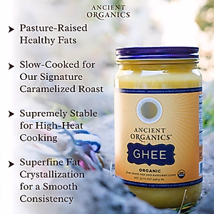 Ancient Organics Ghee, Organic Grass Fed Gluten Free Clarified Ghee Butter with Vitamins & Omegas, Lactose Reduced, 100% Certified Organic, Kosher, USDA Certified, Made in USA – 32 Fl Oz (Pack of 1)