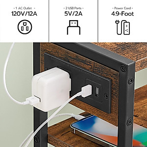 HOOBRO Small Narrow Side Table with Charging Station, Skinny End Table for Small Spaces, Slim Nightstand with USB Ports Outlet, Sofa Beside Table with Storage Shelf, Rustic Brown and Black BF102UBZ01