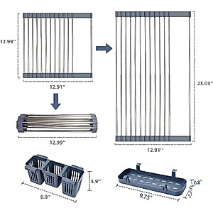 Expandable roll-up dish dryer rack, up to 22.8 inches, with 2 storage baskets, in sink kitchen roll-up dish drainer dish dryer rack in sink, foldable, rollable, for kitchen utensils, cups,forks