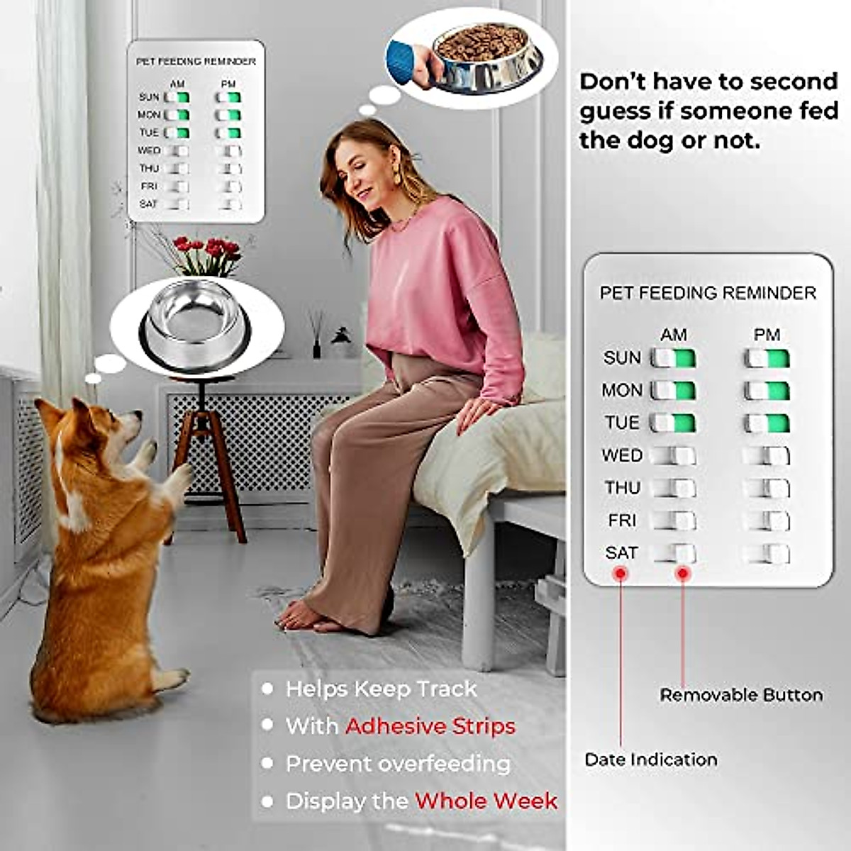 YARKOR Dog Feeding Reminder Magnetic Reminder Sticker,AM/PM Daily Indication Chart Feed Your Pets,Fridge Magnets and Double Sided Tape - Prevent Overfeeding or Obesity (Sliver)