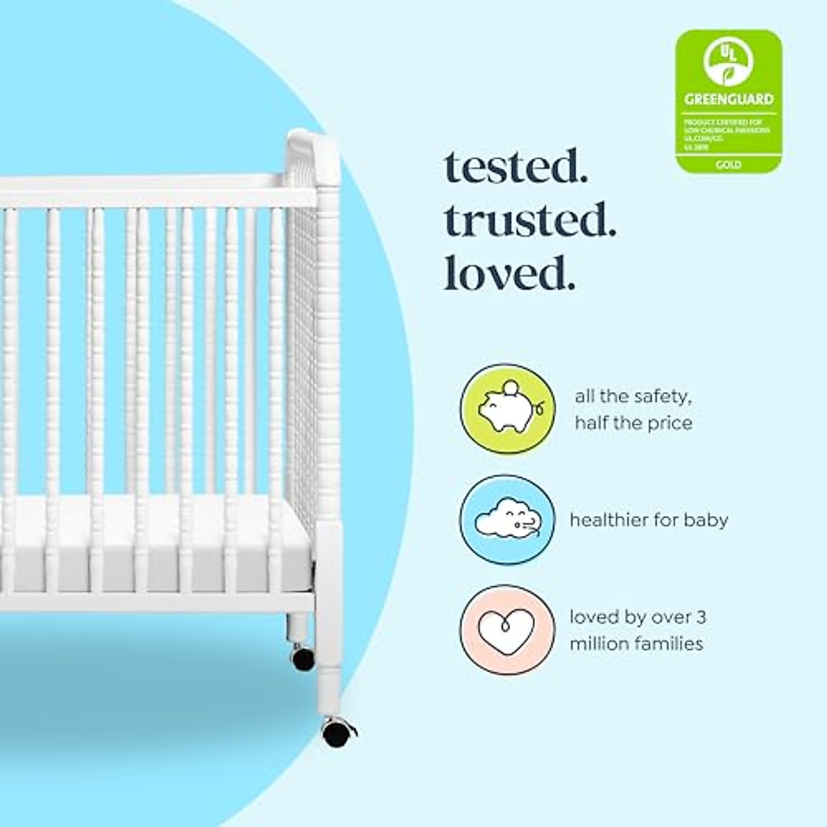 DaVinci Jenny Lind 3-in-1 Convertible Mini Crib in White, Removable Wheels, Greenguard Gold Certified