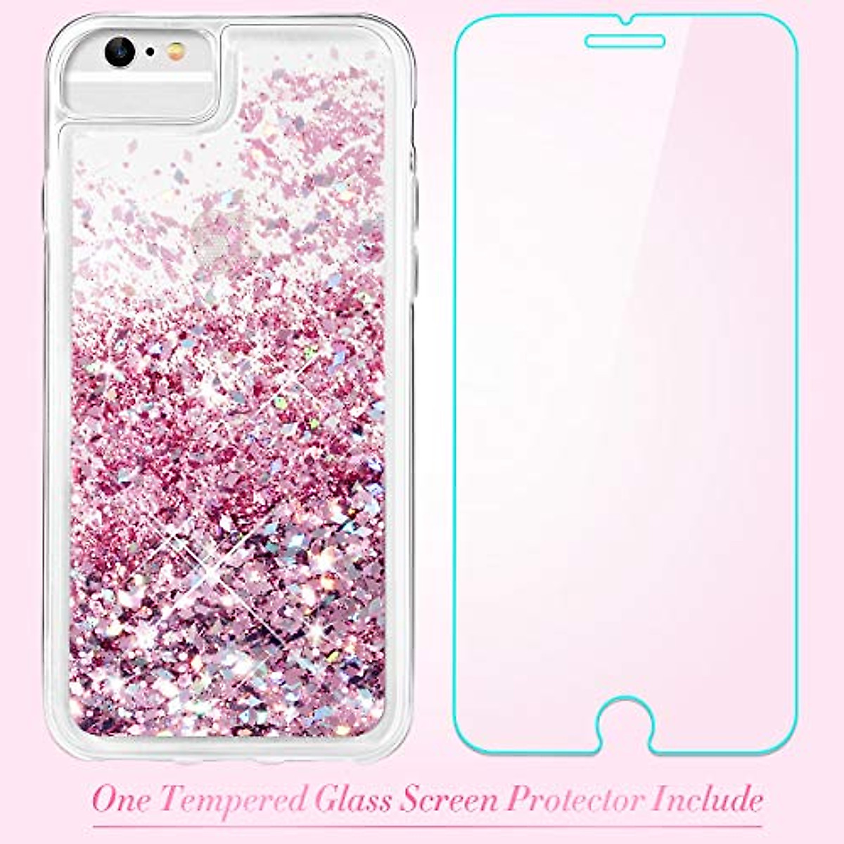 Caka Glitter Case for iPhone 6/6S/7/8 (4.7") with Tempered Glass Screen Protector - Floating Sparkle Liquid TPU - Rose Gold