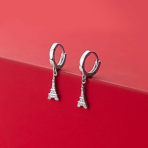 Fashion Eiffel Tower Dangle Drop Hoop Earrings S925 Sterling Silver Cubic Zirconia Crystal Dangling Charm Round Huggie Hoops Earring 10mm Studs Cute Jewelry Gifts for Women Sensitive Ears