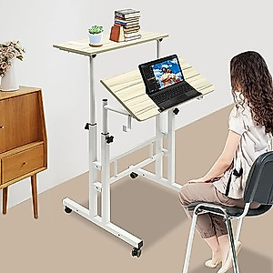 PaNeTnya Mobile Stand Up Desk,Adjustable Laptop Desk with Wheels,Standing Desk with USB Ports and Outlets,Office Desk Rolling Computer Desk Ideal for Home Office use (Oak)