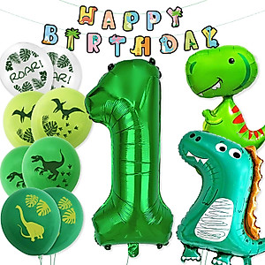 Dinosaur First Birthday Decorations, Large Dinosaur Foil Balloons, Happy Birthday Banner, Number 1 Balloon, Dinosaur Printed Balloons for Girl Boy 1st Birthday Party Decorations Baby Shower Supplies