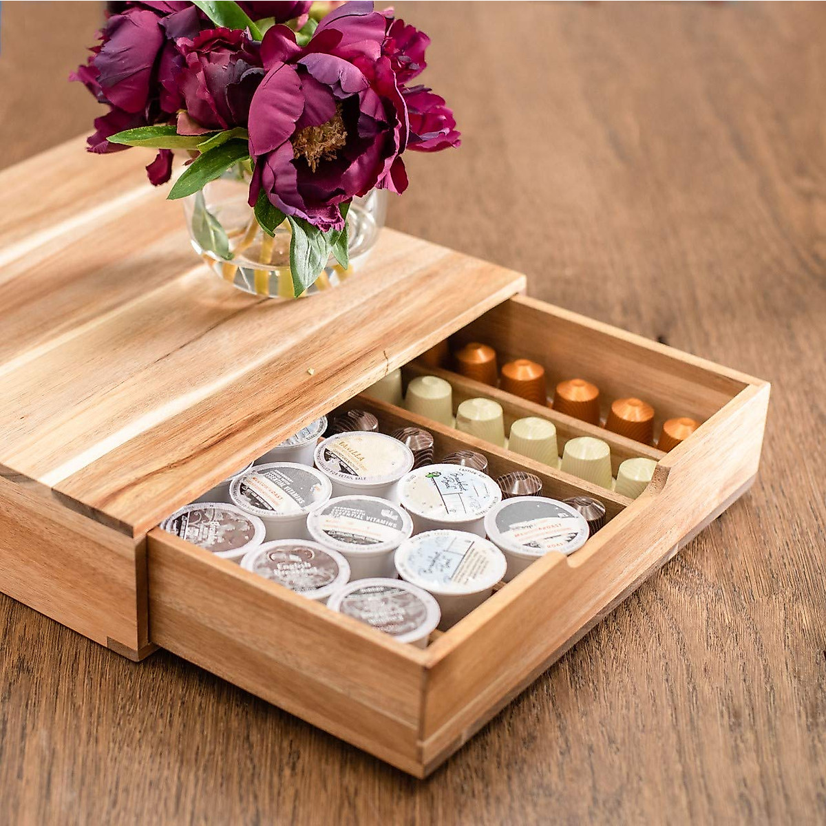 Select Essentials Coffee Pod Drawer - Acacia Wood Coffee Storage Drawer, Espresso Pods Holder, Rustic Coffee Pod Holder for Kitchen, Wooden Coffee Pod Organizer compatible with K Cups/OringinalLine