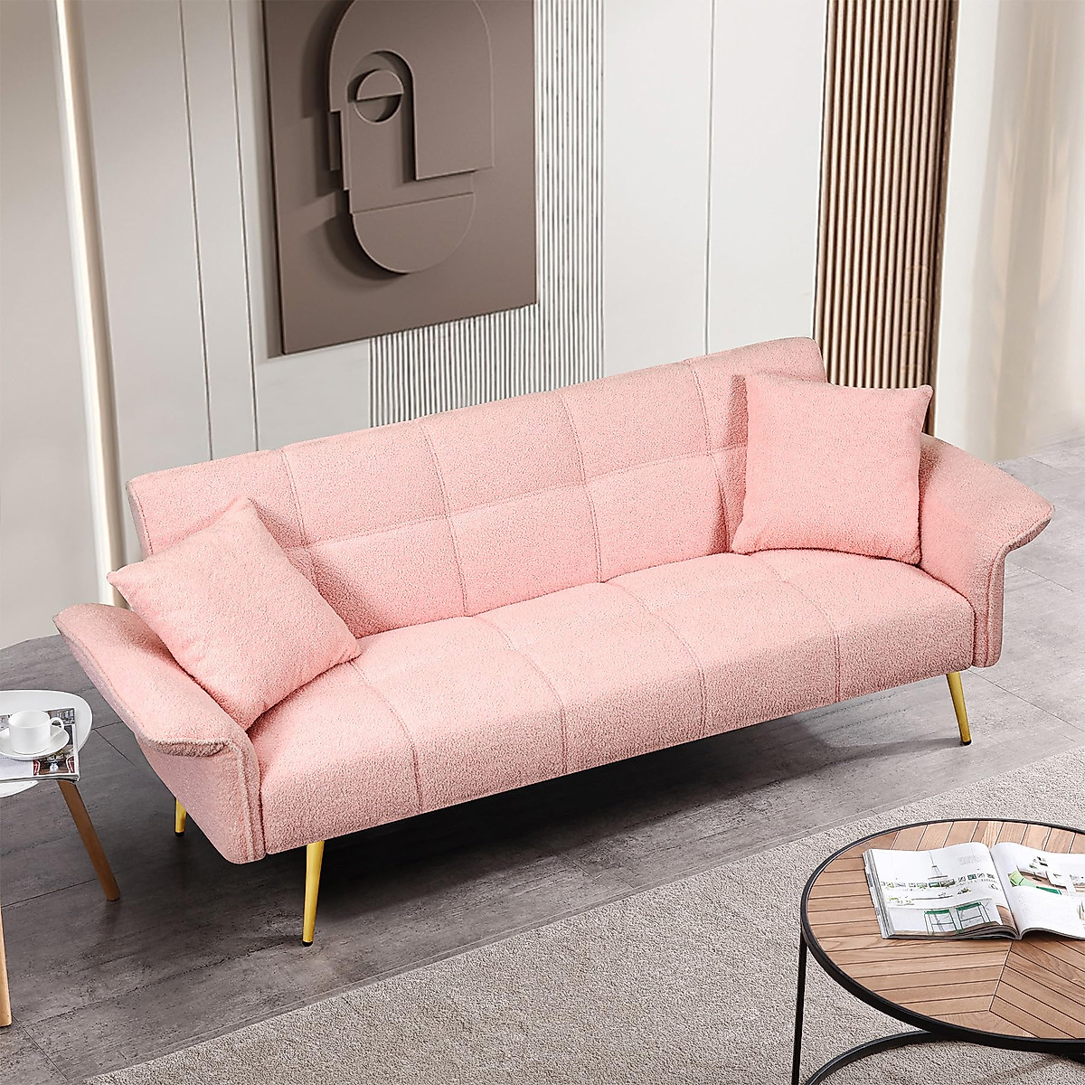 OUYESSIR Teddy Futon Sofa Bed with 2 Pillows, Small Couch, Convertible Futon Sleeper Sofa with Folding Armrests, 70" Modern Loveseat Couch for Bedroom, Living Room (Pink)