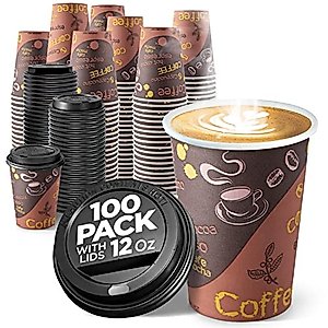 Disposable Coffee Cups with Lids 12 oz (100 Pack) - To Go Paper Coffee Cups for Hot & Cold Beverages, Coffee, Tea, Hot Chocolate, Water, Juice - Eco Friendly Cups